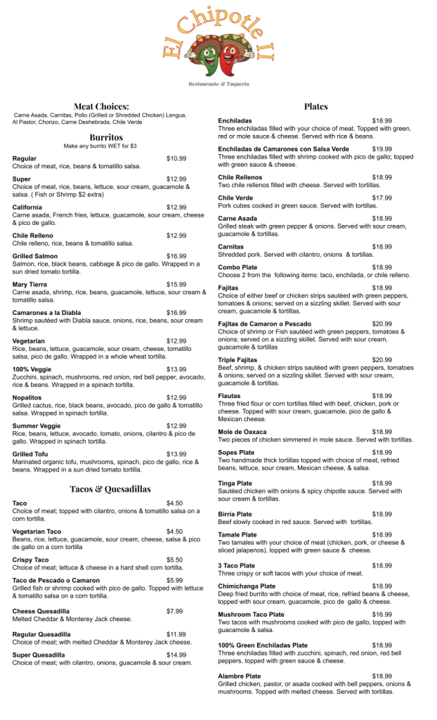 El Chipotle II Menu – El Chipotle Taqueria
